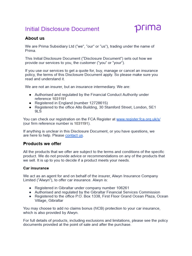 Prima Initial Disclosure Document | PDF | Insurance | Credit