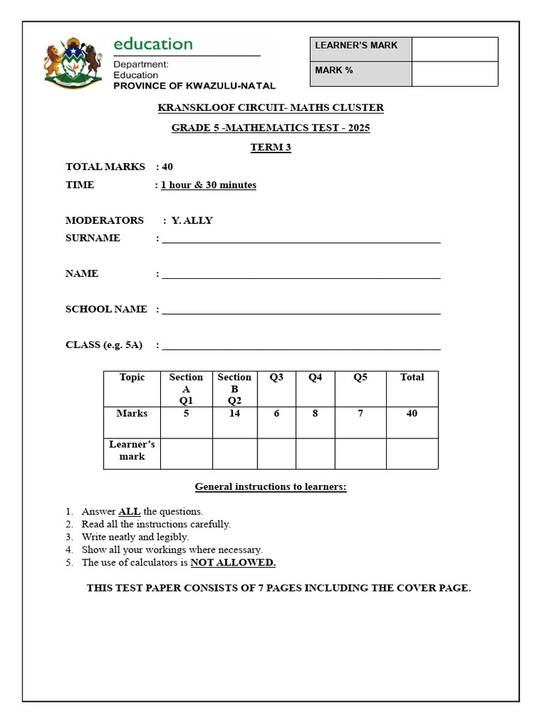 Grade 5 Maths Test Paper 2025 | PDF | Shape | Rectangle