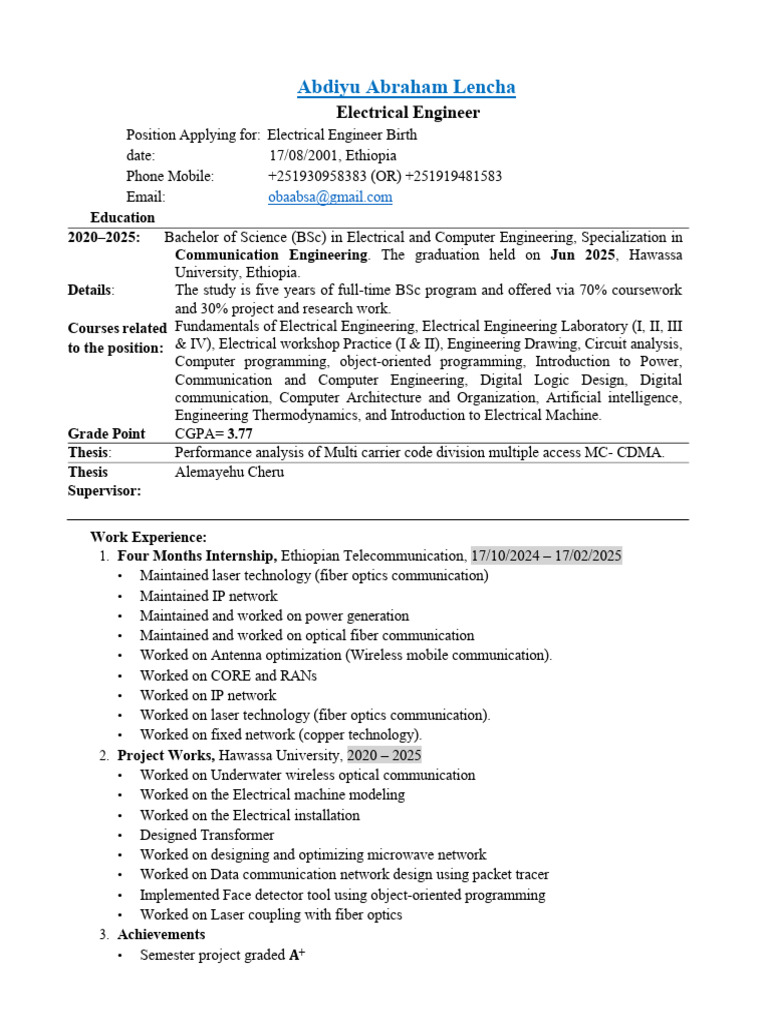 Electrical Engineer Resume - Abdiyu Lencha | PDF | Electrical ...