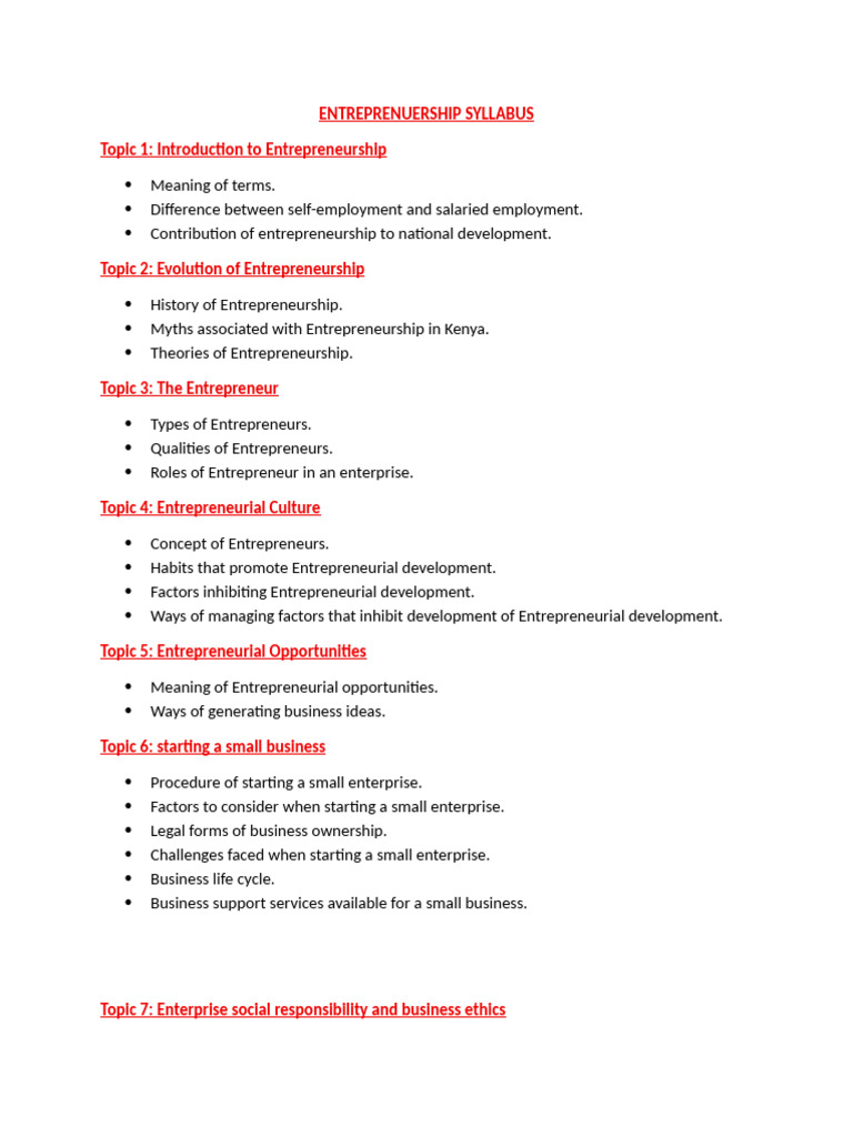Entrepreneurship Course Outline | PDF