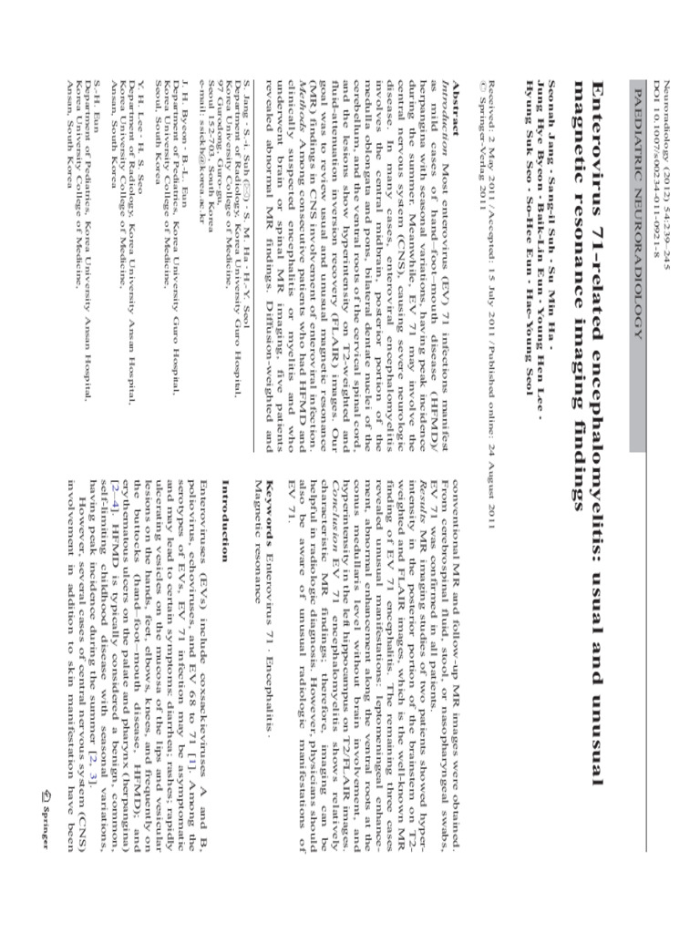 Enterovirus 71 Related Encephalomyelitis - Usual and Unusual Magnetic ...