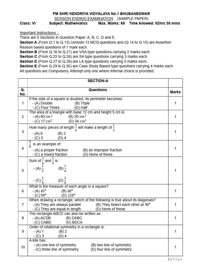 Class VI Mathematics Sample Paper | PDF | Rectangle | Area