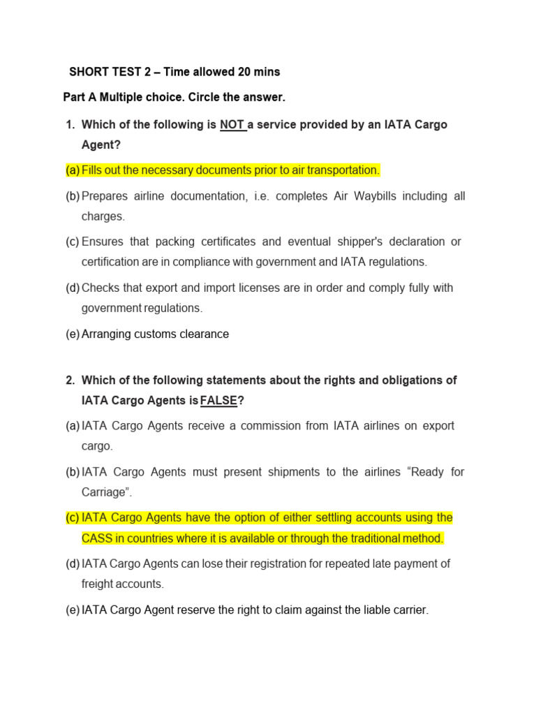 IATA Cargo Agent Test Questions | PDF | Cargo | Freight Transport