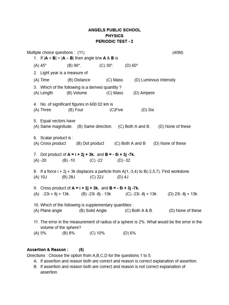 Physics Periodic Test 2 Questions | PDF | Euclidean Vector | Angle