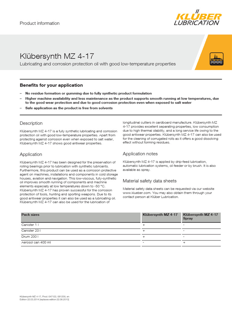 Klübersynth MZ 4-17 Product Overview | PDF | Oil | Corrosion