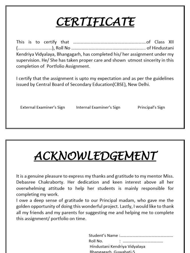 Class XII Portfolio Assignment Certificate | PDF