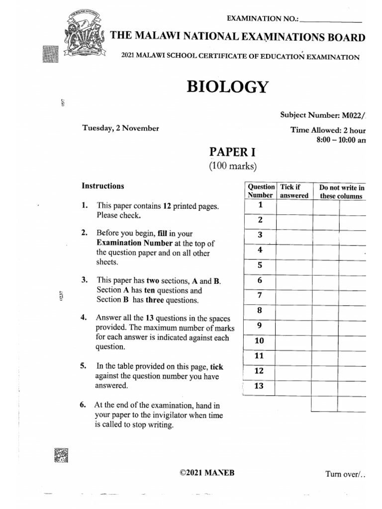 2021 Maneb Biology Paper 1 | PDF