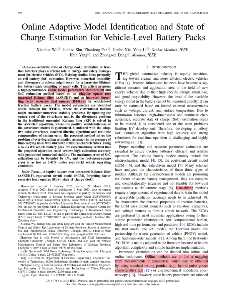 Online Adaptive Model Identification and State of Charge Estimation For ...