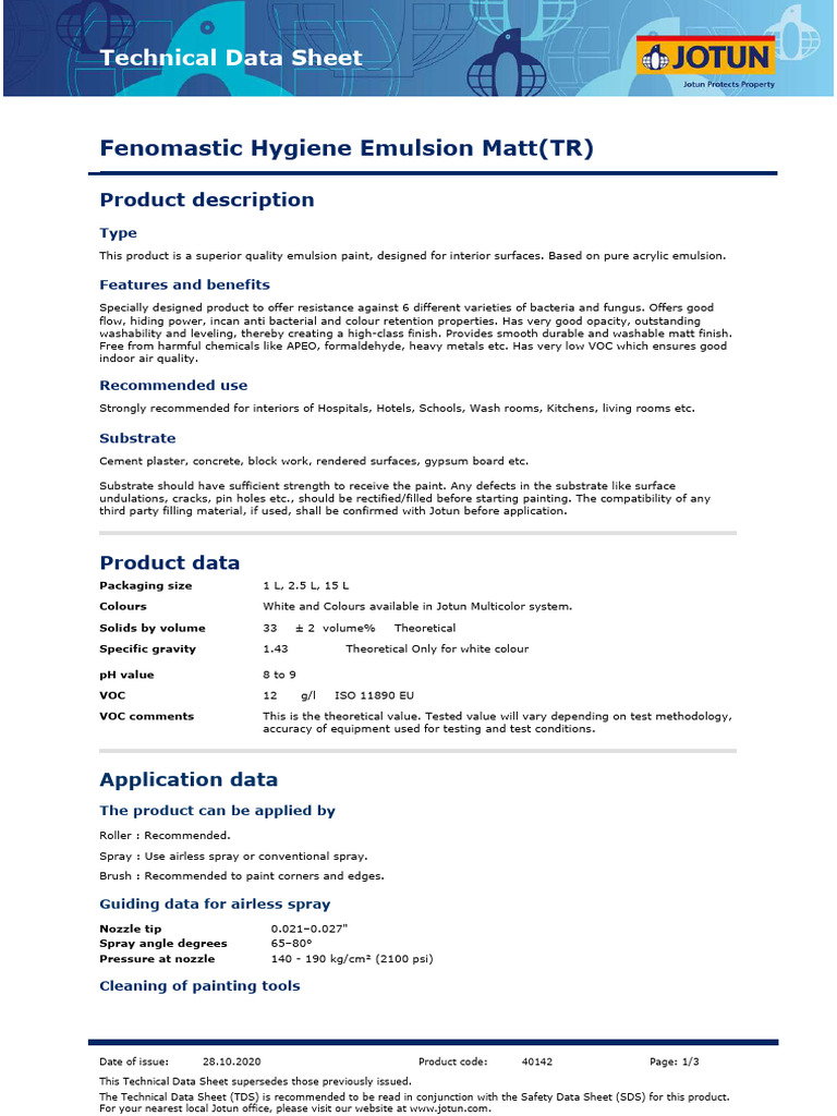 Fenomastic Hygiene Emulsion Paint TDS | PDF | Paint | Materials
