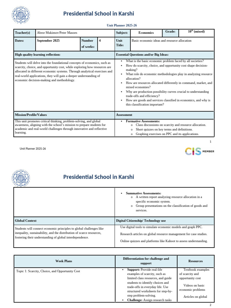 Unit Plan Basic Economic Ideas and Resource Allocation | PDF ...