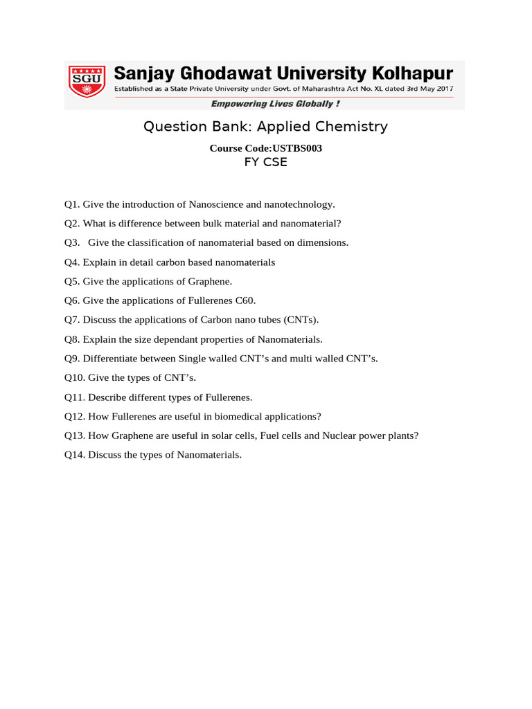 Applied Chemistry Question Bank: Nanoscience | PDF