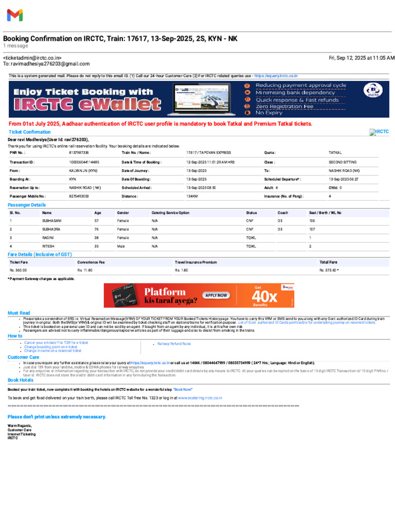 Gmail - Booking Confirmation On IRCTC, Train - 17617, 13-Sep-2025, 2S ...