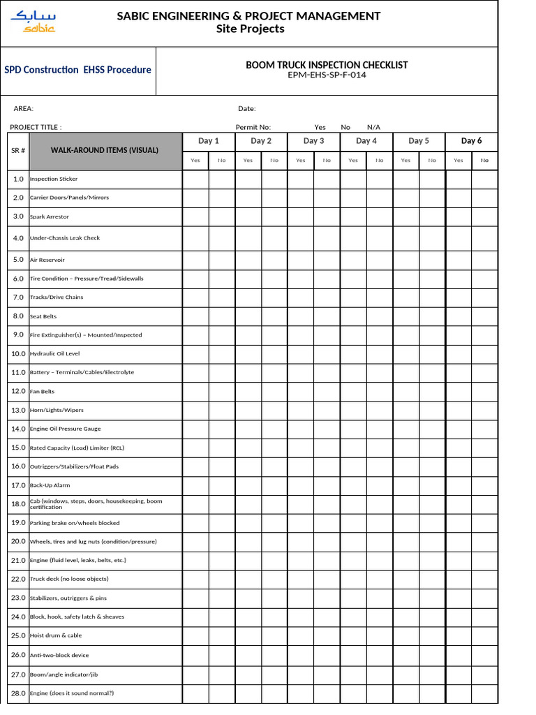 EPM-EHS-SP-F-013 Boom Truck Checklist | PDF | Tire | Truck