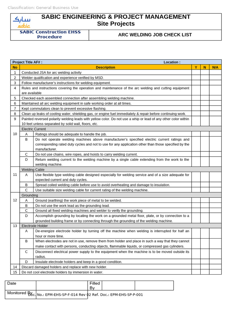 EPM EHS SP F 014 Arc Welding Checklist | PDF | Welding | Construction