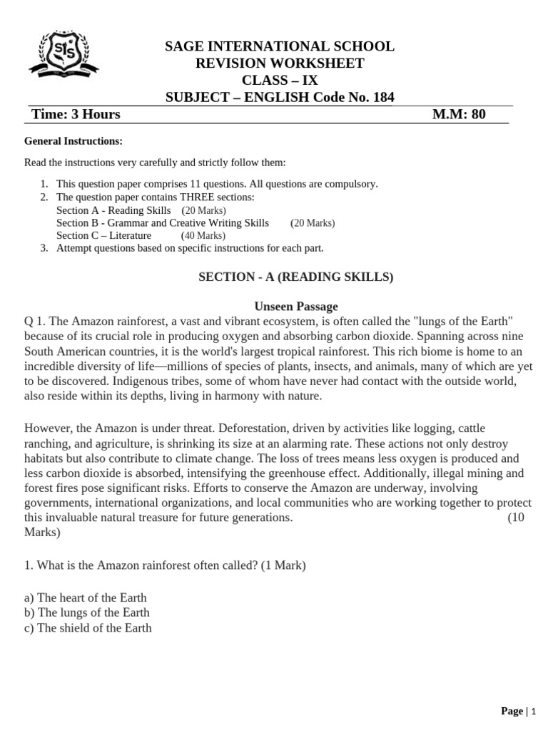 Class IX English Revision Worksheet | PDF | Amazon Rainforest | Rainforest