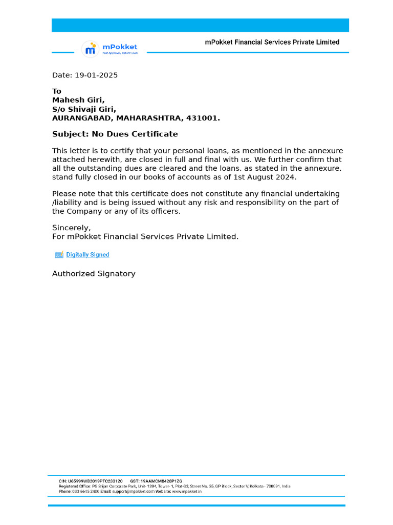 mPokket No Dues Certificate Issued | PDF