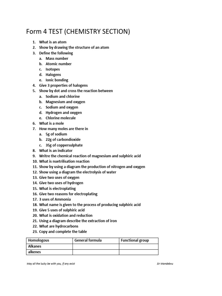 Chemistry Form 4 Test Questions | PDF