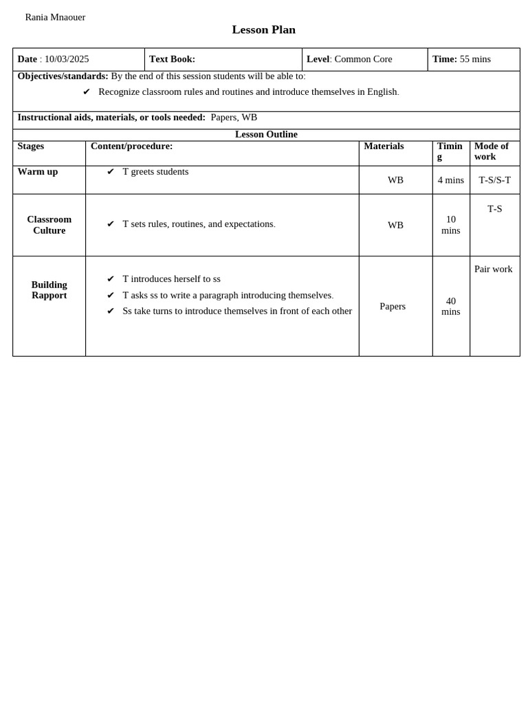 First Session Lesson Plan | PDF