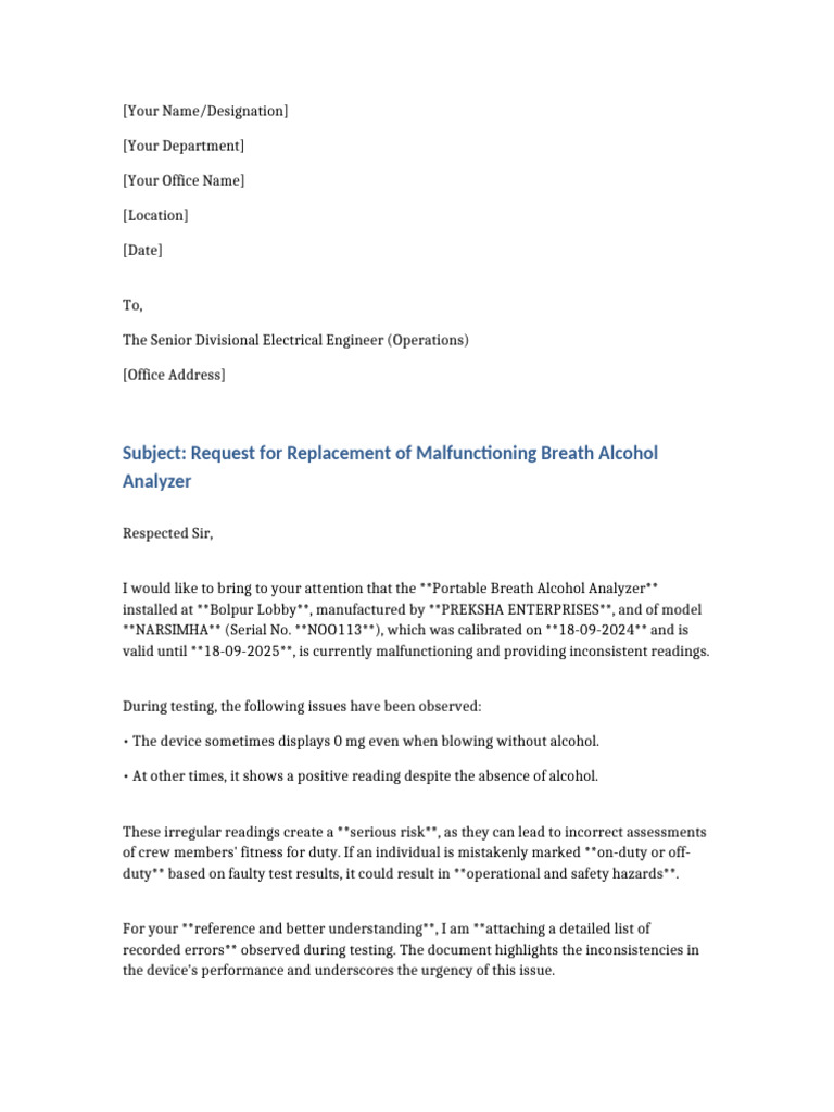 Request For Replacement BA Analyzer Bolpur Lobby | PDF