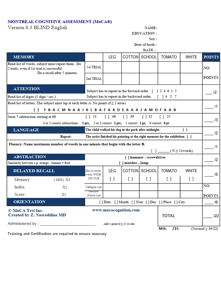 MoCA BLIND - Version 8.3 English Test | PDF | Behavioural Sciences ...