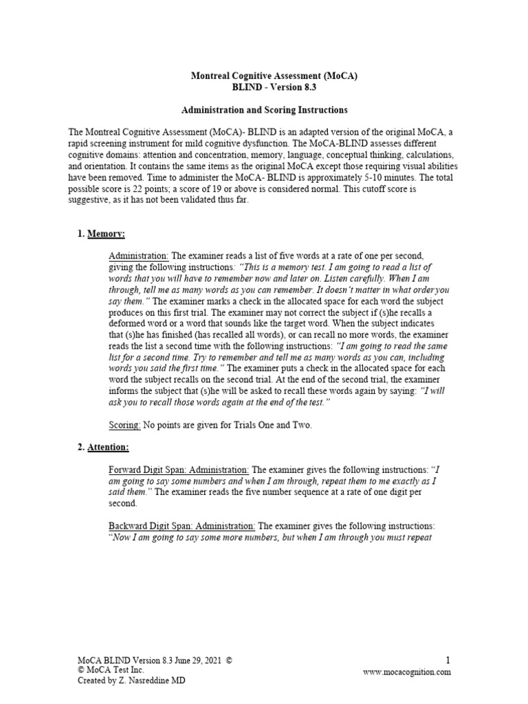 MoCA BLIND 8.3 English Instructions | PDF | Memory | Recall (Memory)