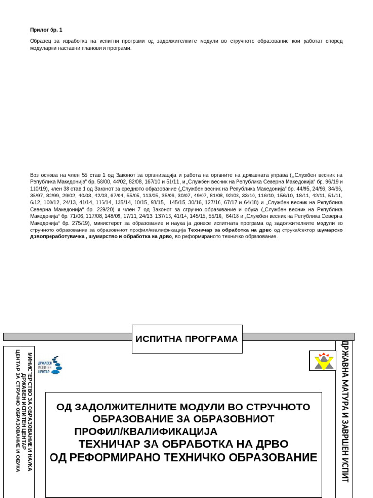 Ispitna Programa Tehnicar Za Obrabotka Na Drvo | PDF