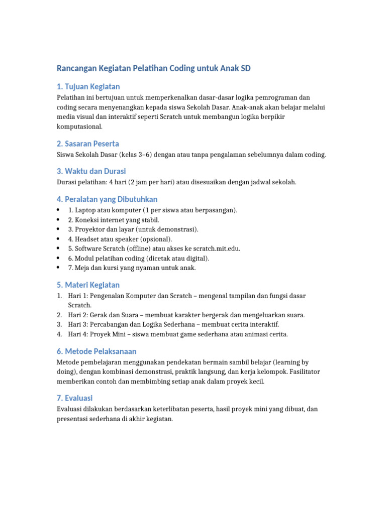 Rancangan Pelatihan Coding SD | PDF