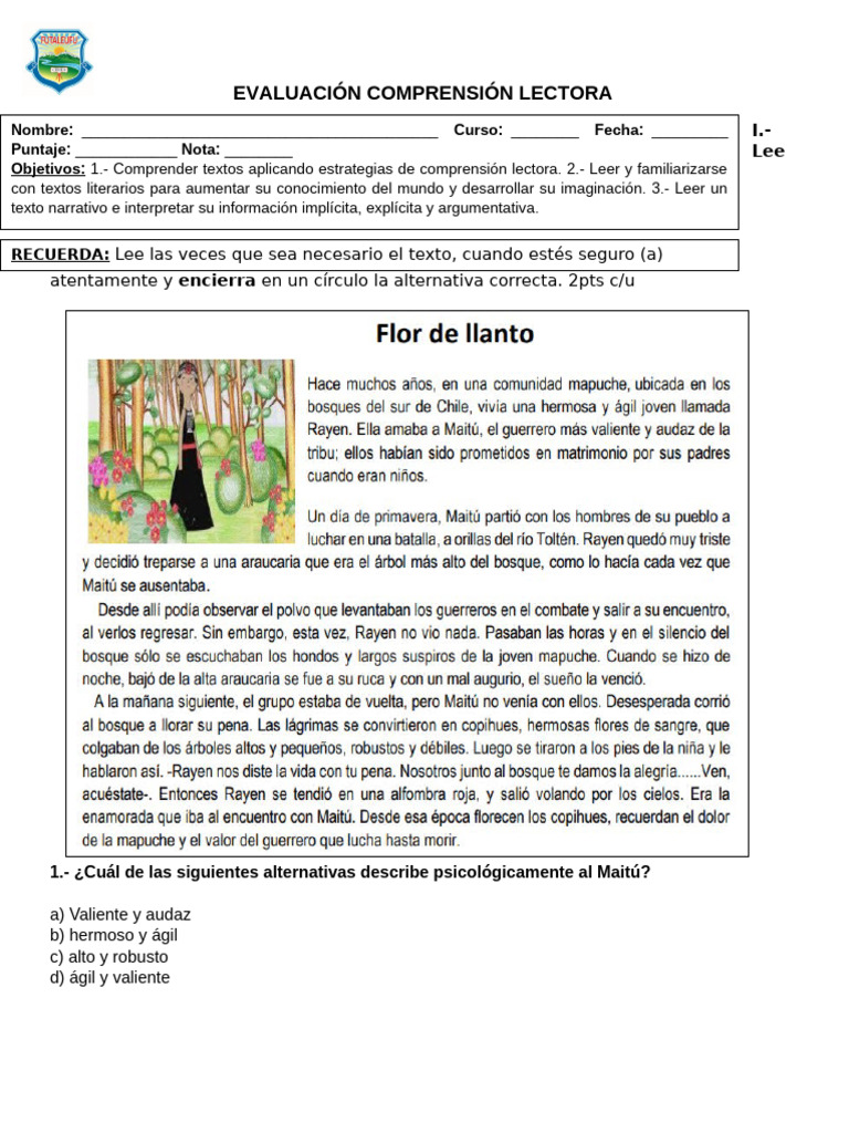 Evaluación de Comprensión Lectora | PDF | Medusa | Comprensión lectora
