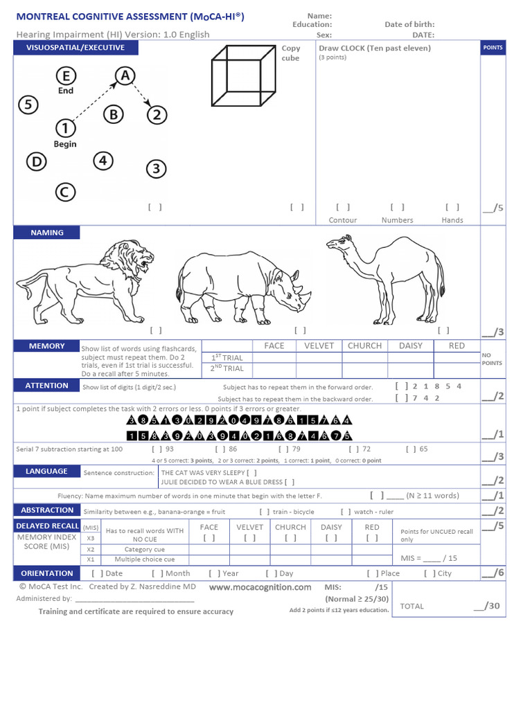 MoCA-HI Cognitive Assessment Sheet | PDF | Psychological Concepts | Mental Processes
