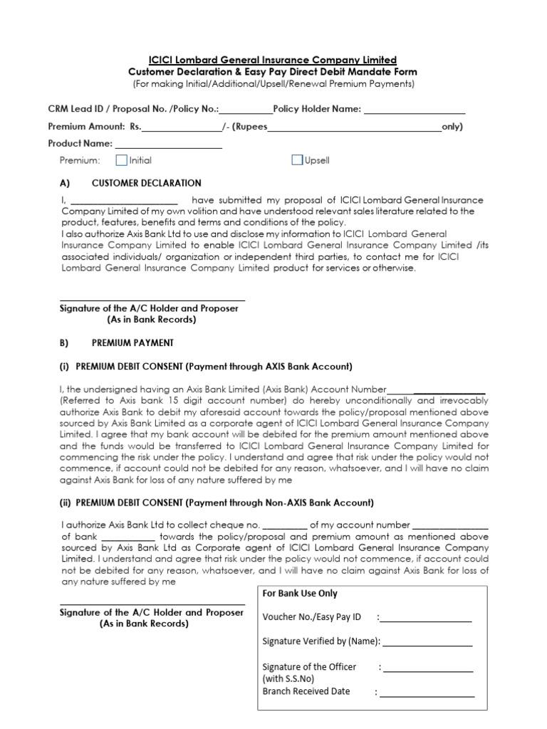 ICICI Lombard Direct Debit Mandate Form | PDF | Insurance | Banks