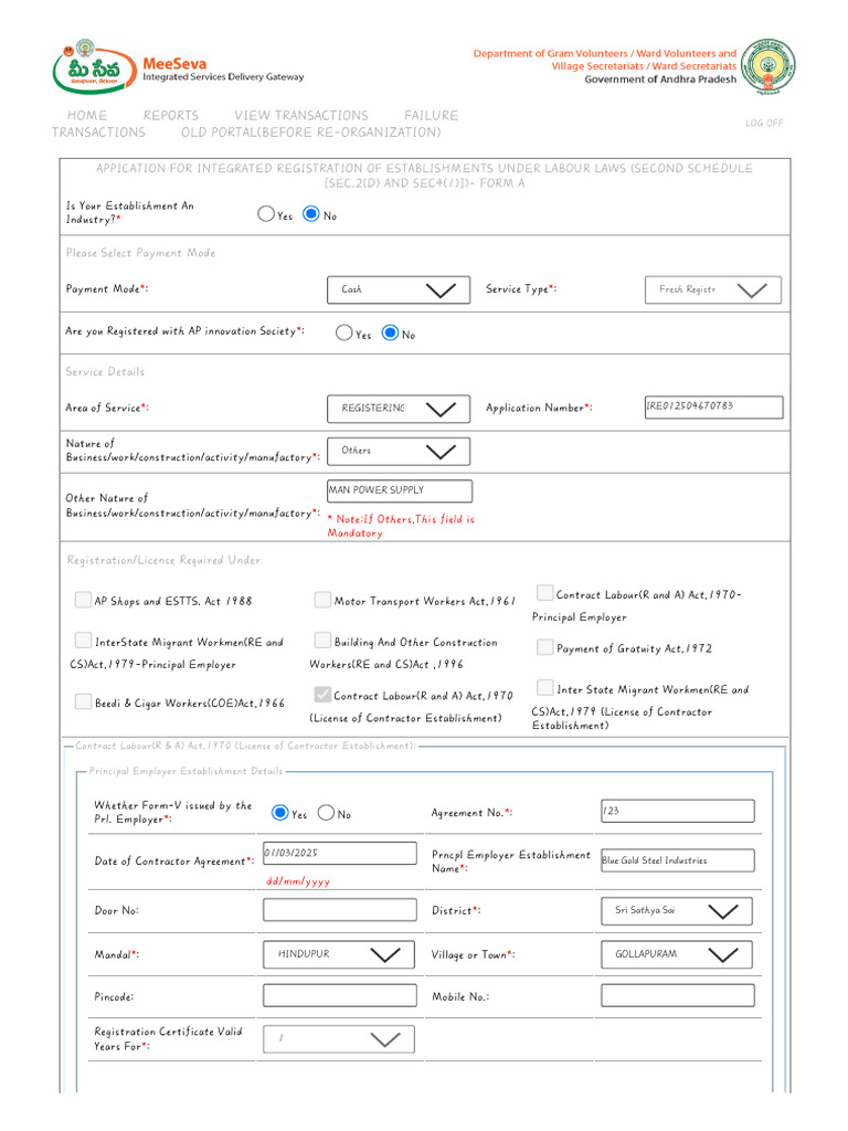 APPICATION FOR INTEGRATED REGISTRATION OF ESTABLISHMENT UNDER LABOUR ...