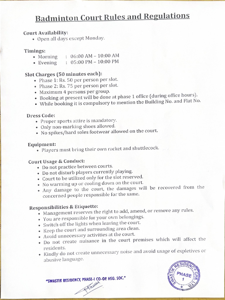 Badminton Court Rules and Regulations | PDF