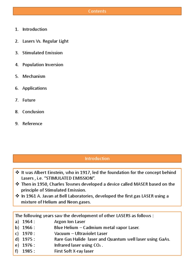 Lasers vs. Regular Light 3. Stimulated Emission 4. Population Inversion ...