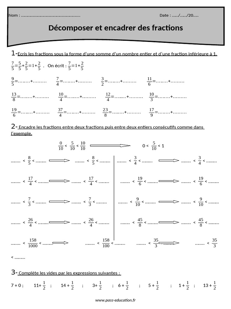 Décomposer Et Encadrer Des Fractions Cm2 Exercices | PDF