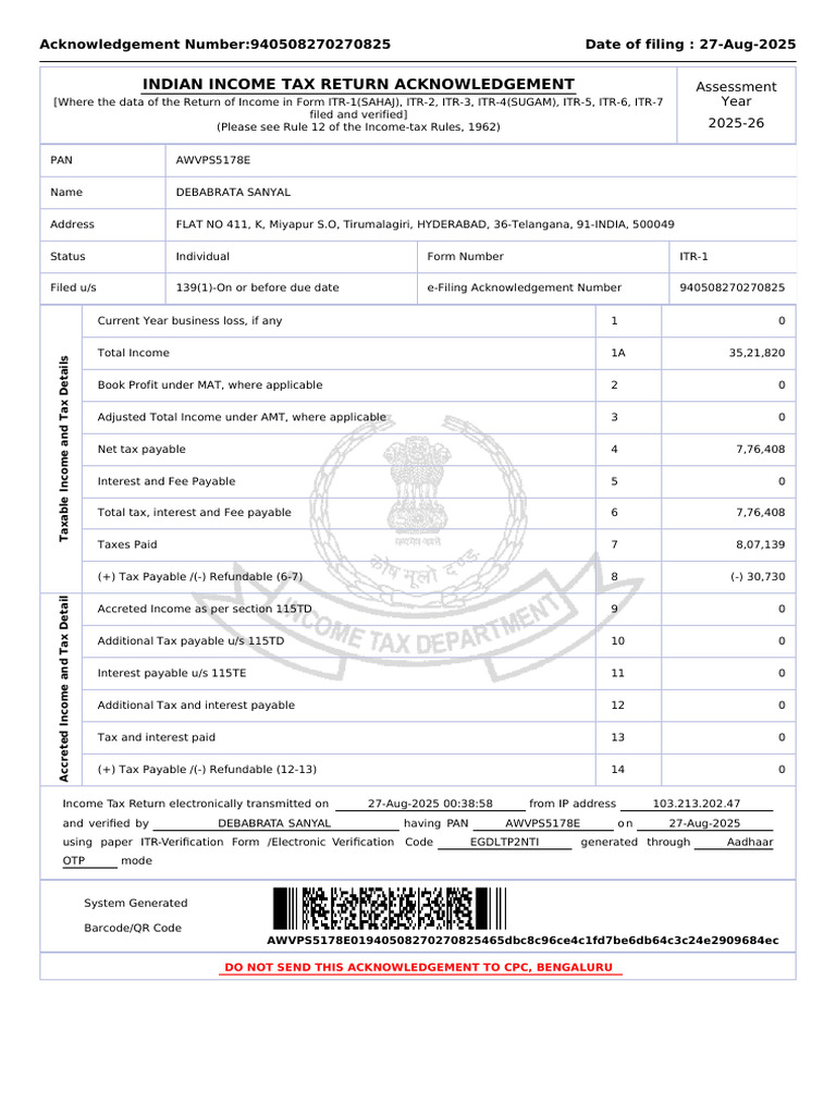 Acknowledgement of Return | PDF | Taxes | Income Tax