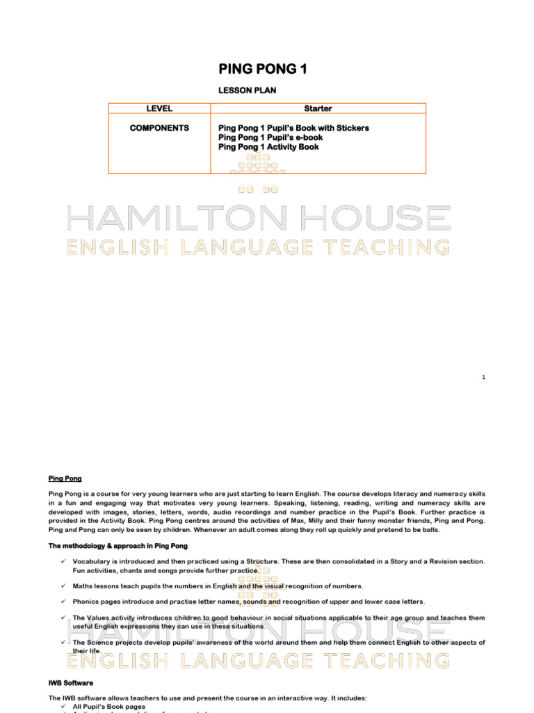 Ping Pong 1 - Lesson Plan | PDF | Phonics | Learning Methods