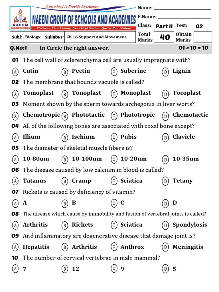 Biology Test: Support and Movement | PDF | Joint | Musculoskeletal System