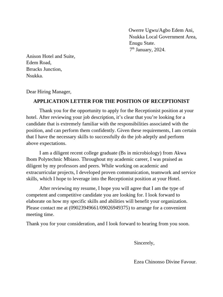 Application Letter For The Position of Receptionist | PDF