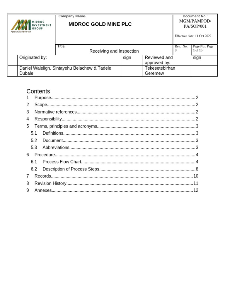 SOP 001 Receiving and Inspection | PDF