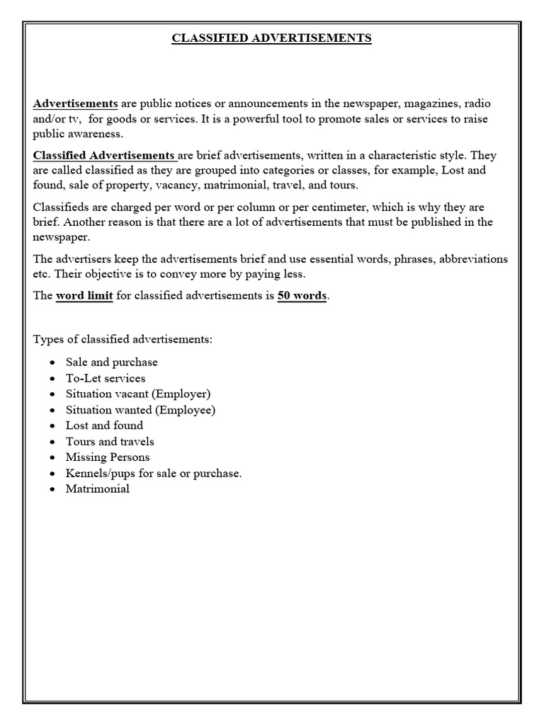 Guide to Writing Classified Advertisements | PDF | Advertising