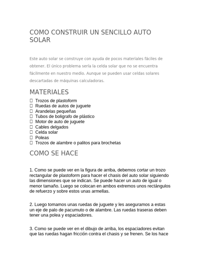 Como Construir Un Sencillo Auto Solar | PDF | Panel solar | Célula solar