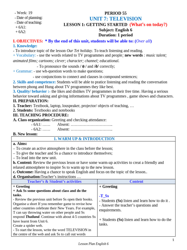 English 6 Lesson Plan: Television Unit | PDF | Question | English Language