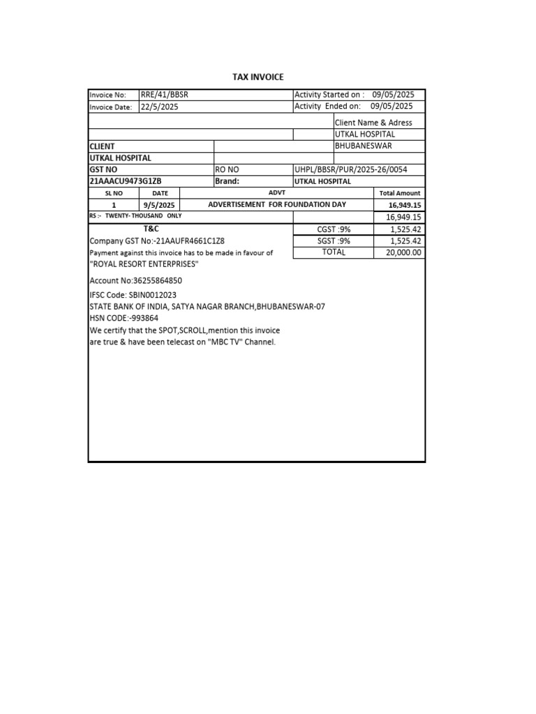 GST Invoice for Utkal Hospital Ad Campaign | PDF
