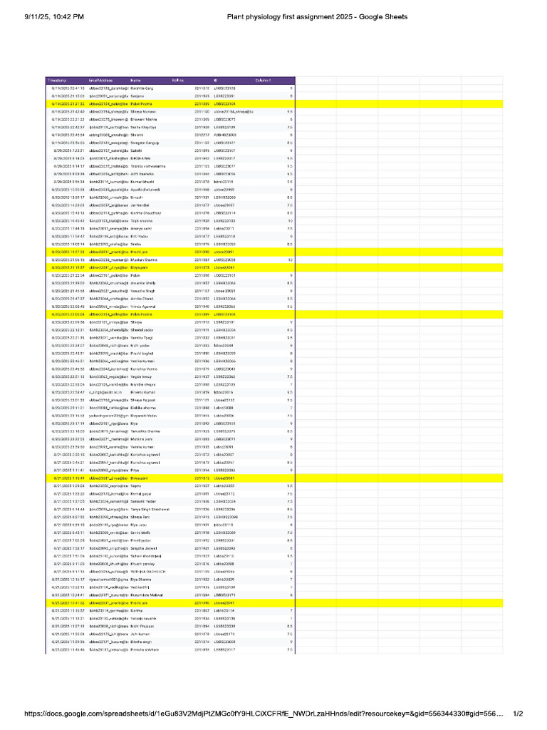 Plant Physiology First Assignment 2025 - Google Sheets | PDF