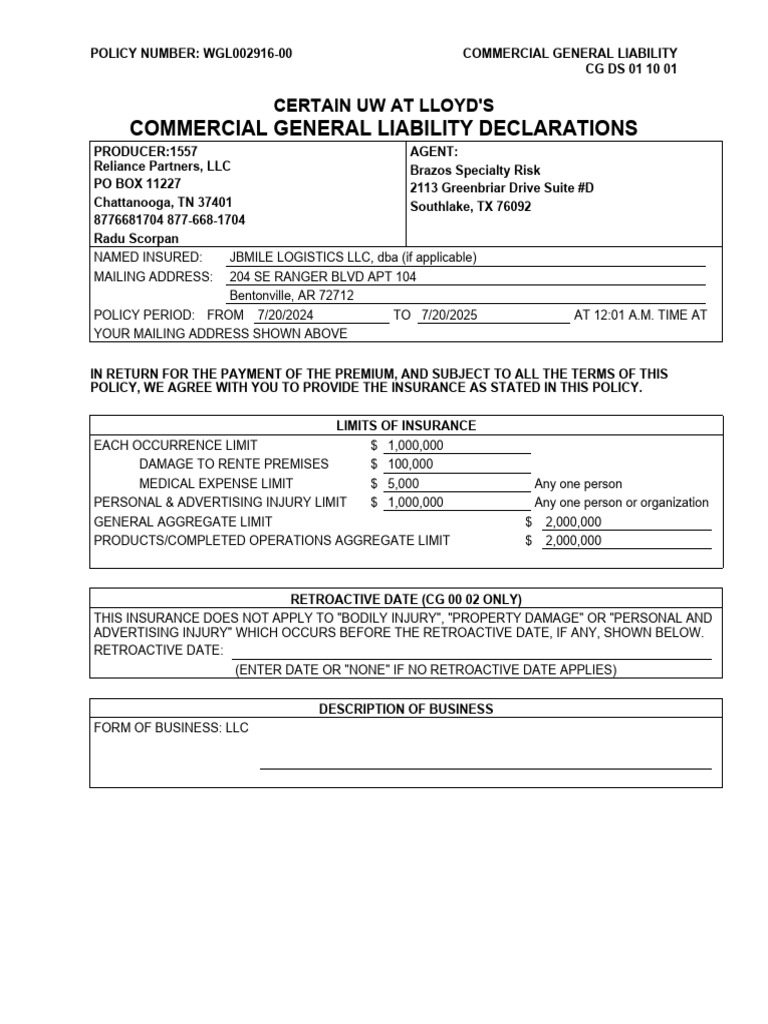 Declarations Page GL | PDF | Insurance | Private Law