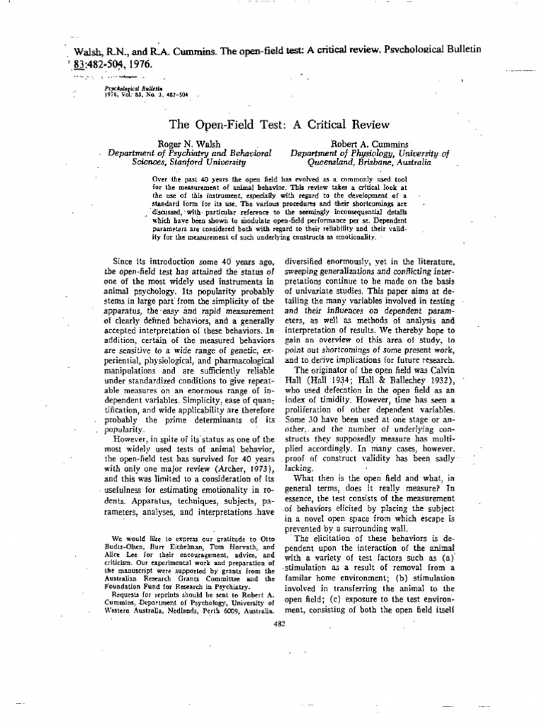 Open-Field Test: Critical Review Insights | PDF | Sleep | Hippocampus