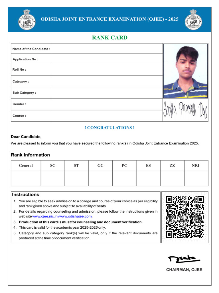 Rank Card: Odisha Joint Entrance Examination (Ojee) - 2025 | PDF