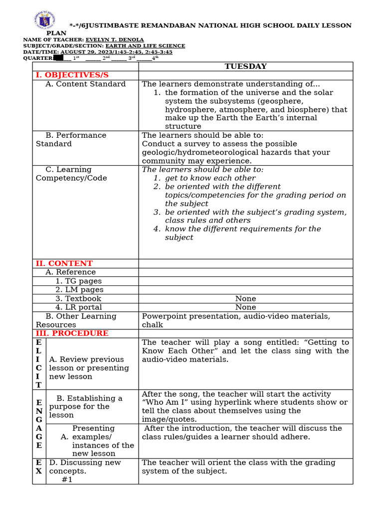 Daily Lesson Plan: Earth Science Grade 11 | PDF | Planets | Teachers