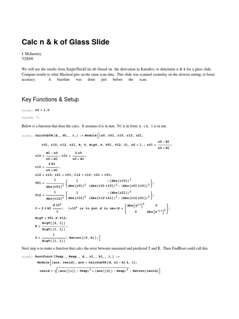 Calc N & K of Glass Slide: Key Functions & Setup | PDF | Refractive ...