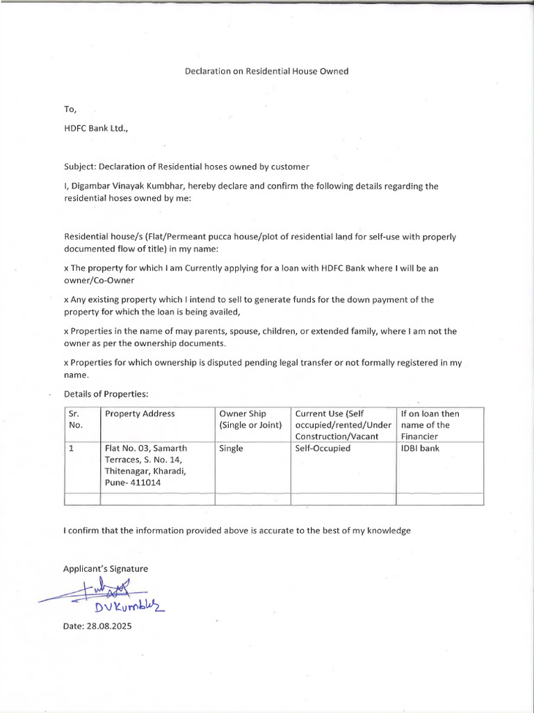 Declaration On Residential House Owned | PDF
